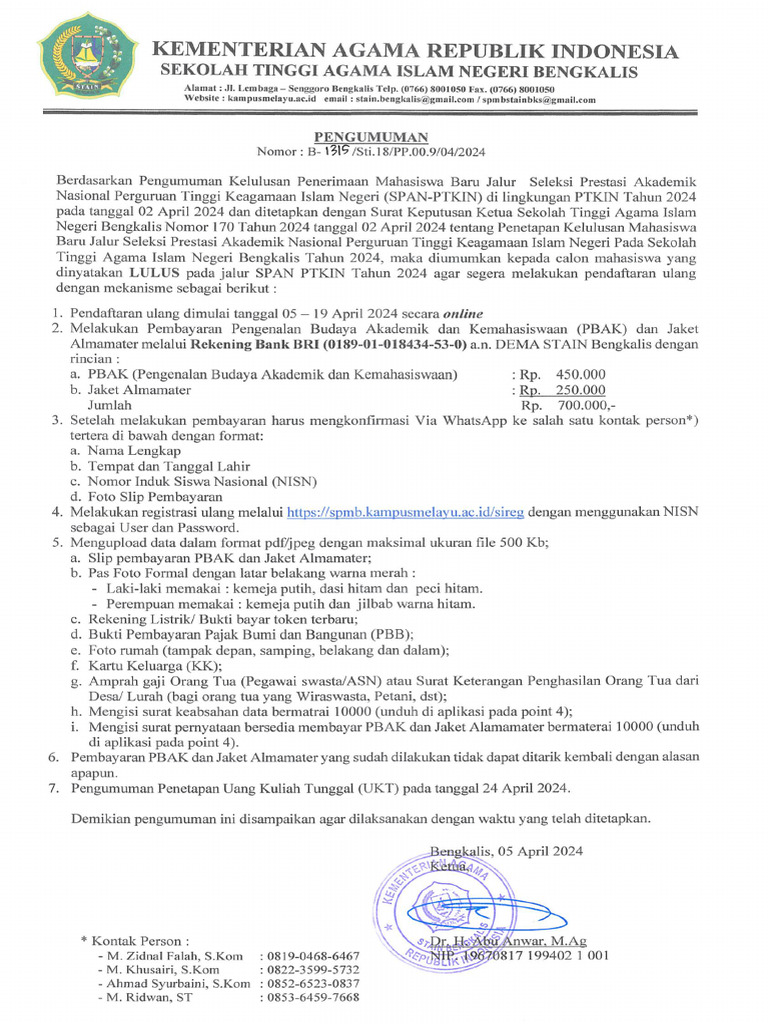 Pengumuman Daftar Ulang Span Ptkin 2024 | PDF