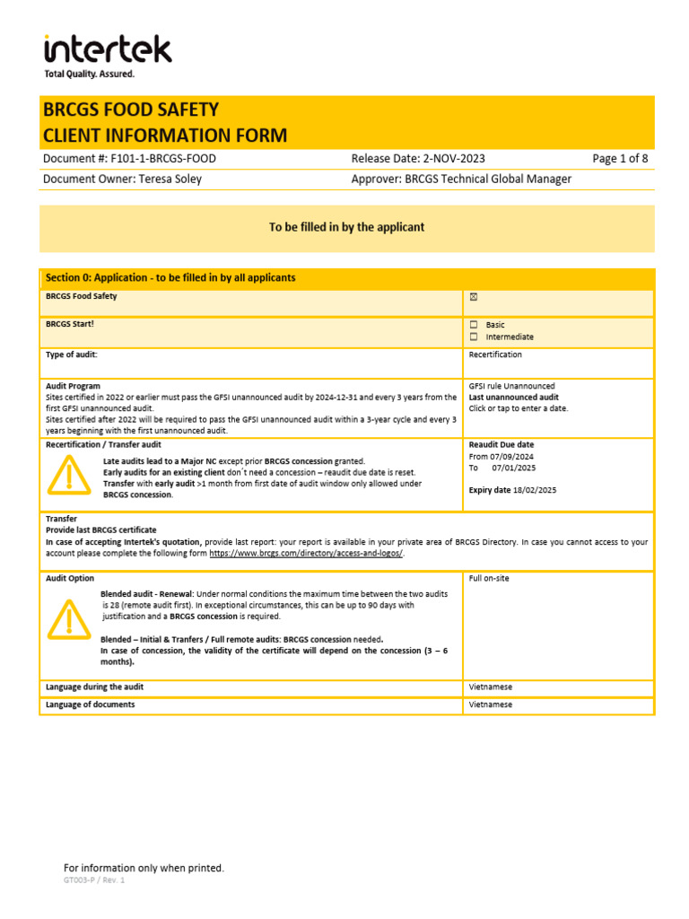 BRCGS Food Safety Client Form 2023 | PDF | Audit | Food Safety