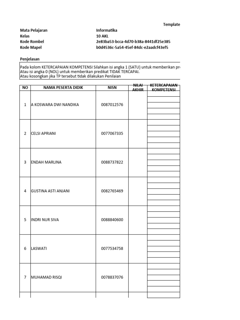Template Nilai Akhir Mata Pelajaran Informatika Kelas 10 AKL | PDF
