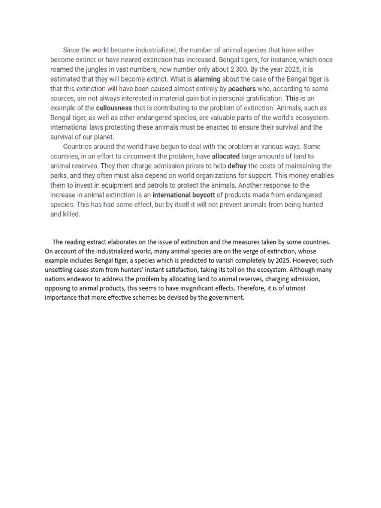 The Reading Extract Elaborates On The Issue of Extinction and The ...