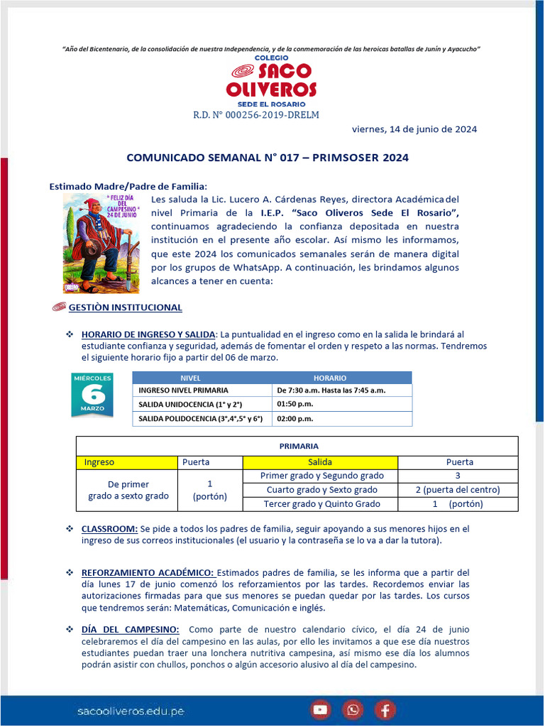 Comunicado Semanal 017 - Prim | PDF