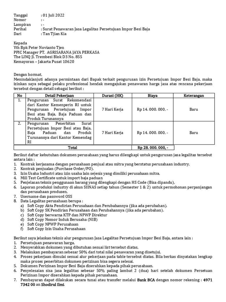 Format Dokumen Surat Penawaran Jasa Pengurusan Izin Import Besi & Baja ...
