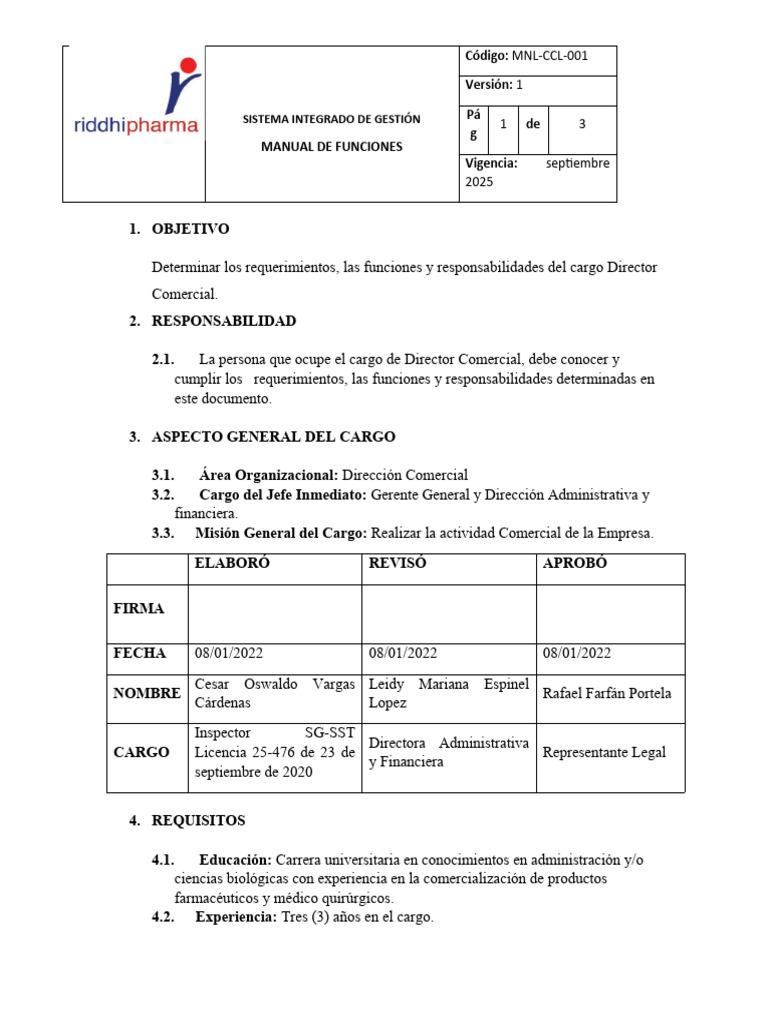 MNL-CCL-001 - MANUAL DE FUNCIONES Director Comercial | PDF | Business