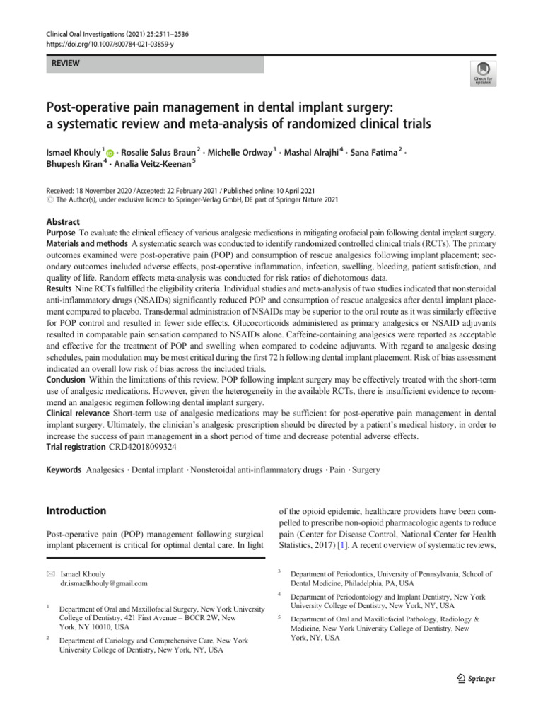 Post Operative Pain Management in Dental Implant Surgery A Systematic ...