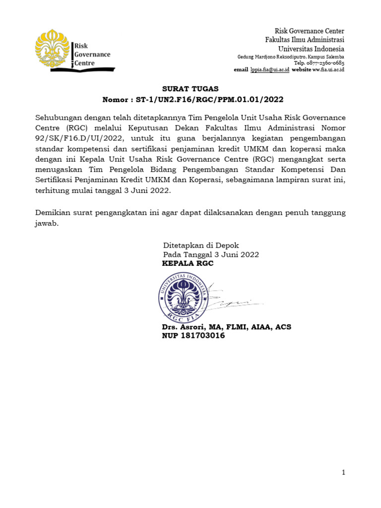 22-06-3 - S-1 Surat Tugas Bidang Pengembangan Standar Kompetensi Dan Sertifikasi Penjaminan ...