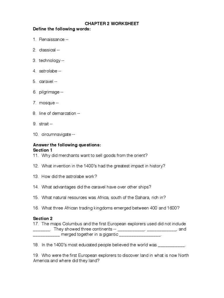 Chapter 2 Worksheet | PDF | Exploration | Christopher Columbus