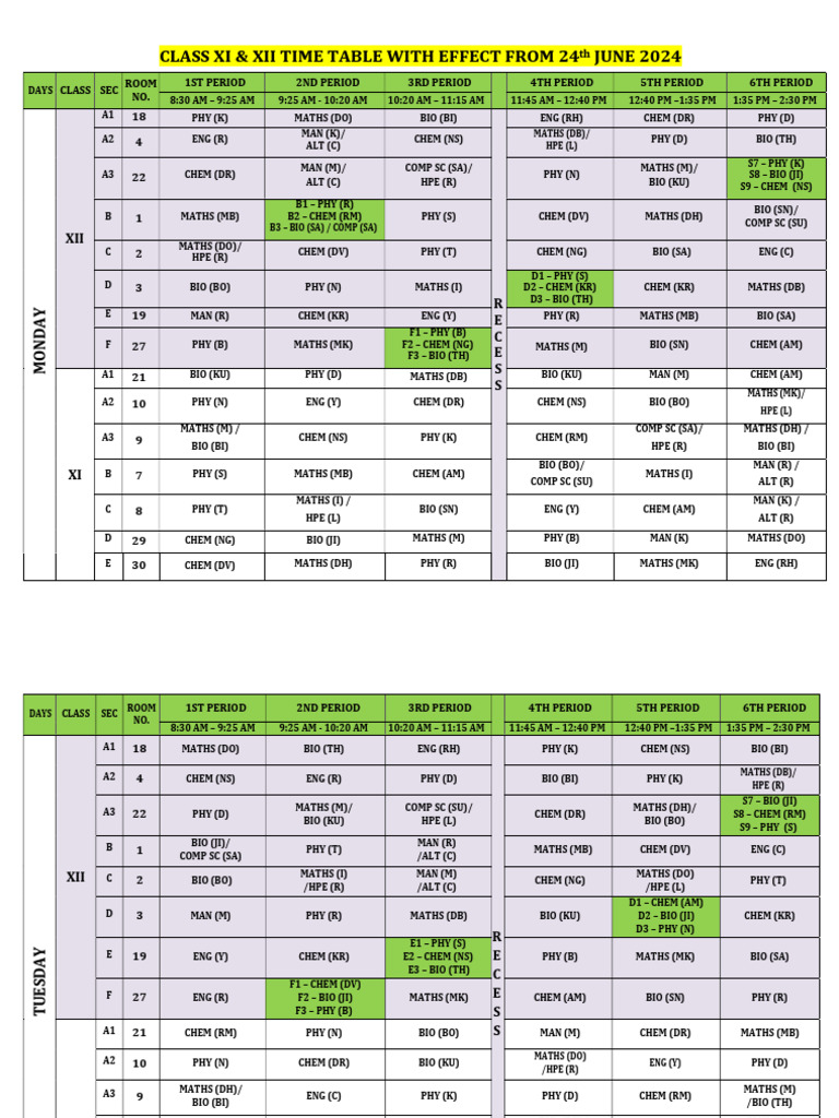 Class XI & XII Time Table Wef 24th June 2024 | PDF