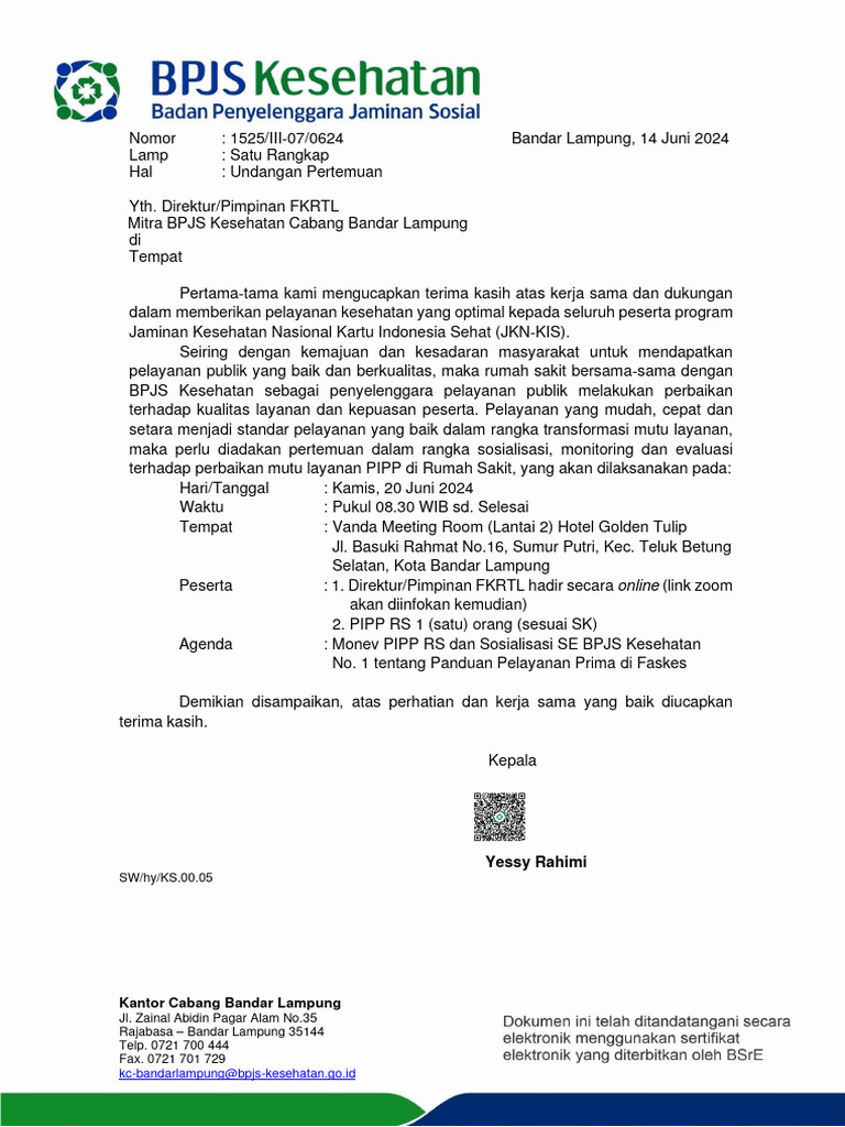 1525 Undangan Monev PIPP Dan Sosialisasi SE BPJS Kesehatan No 1 | PDF