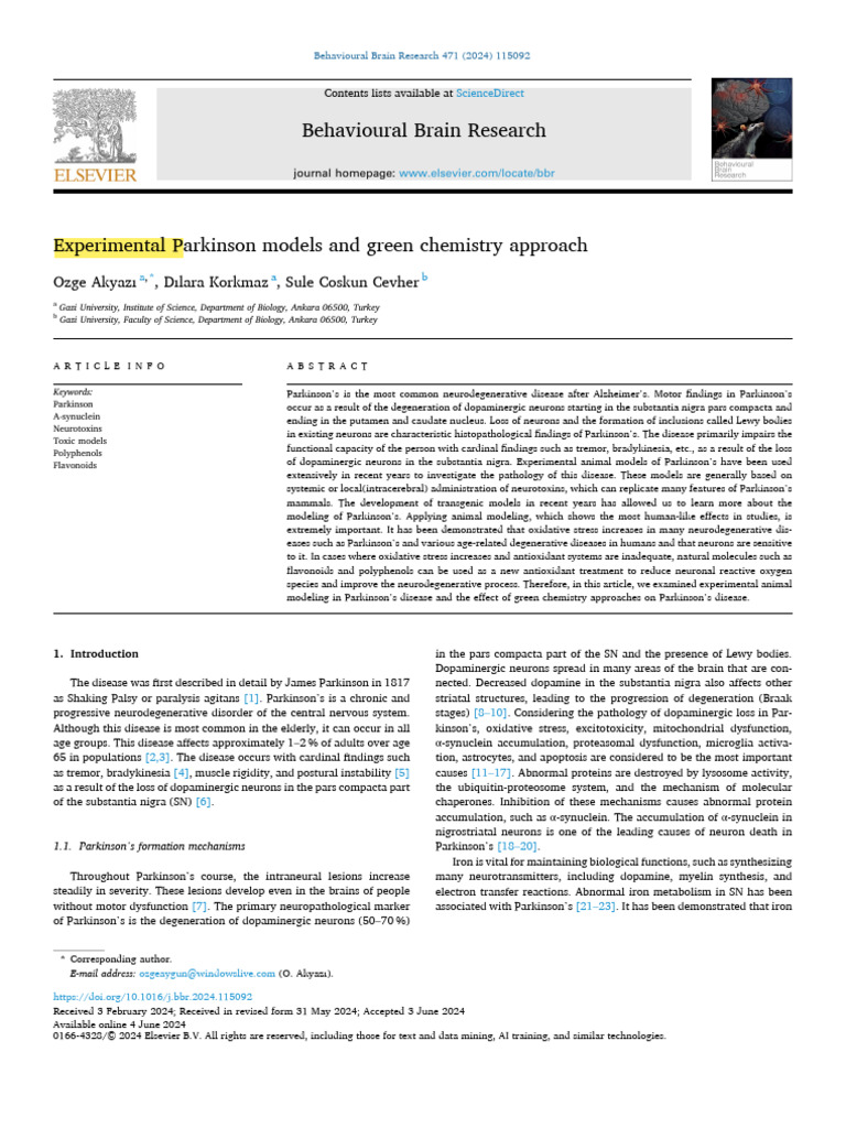 Experimental Parkinson Models and Green Chemistry 2024 Behavioural Brain Res (3) | PDF ...