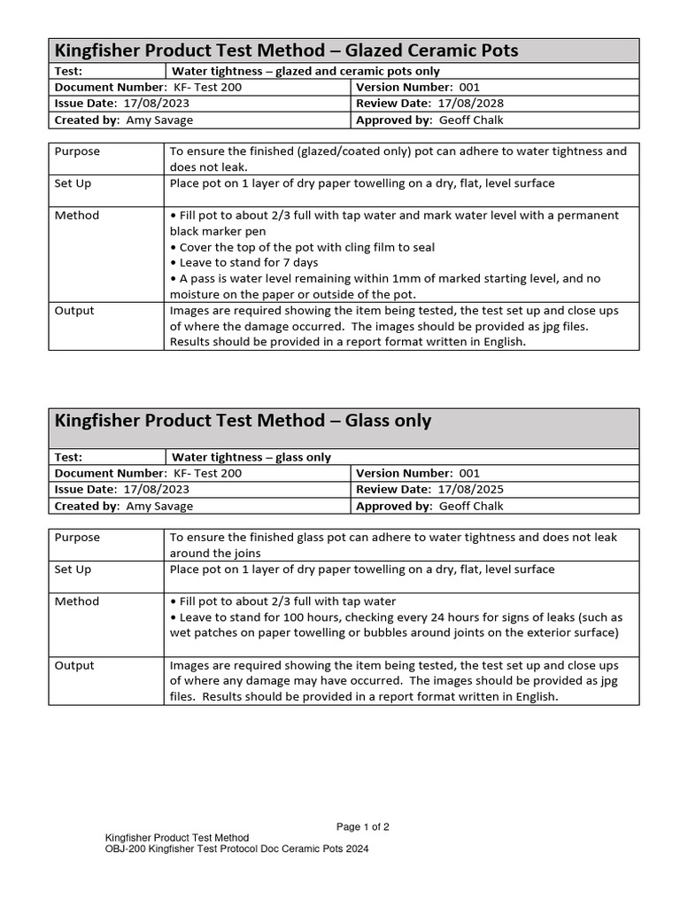 OBJ-200 KF Test Protocol Doc Ceramic and Glass Pots 2025 | PDF | Materials