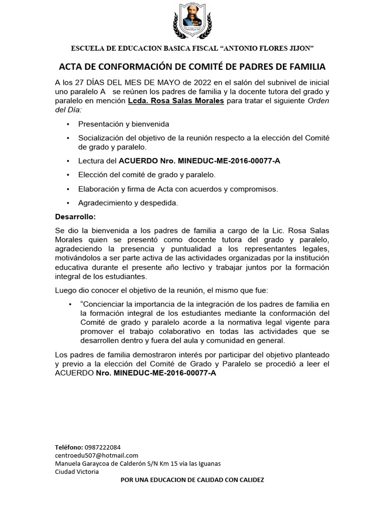 Acta Comité de Padres 4to "A" 2022 | PDF | Escuelas | Educación primaria