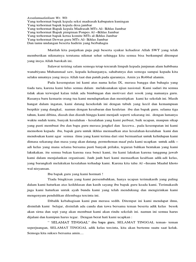 Ucapan Perpisahan Dari Kelas Tiga | PDF