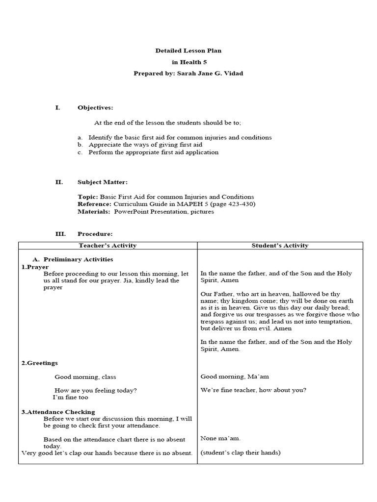 Detailed Lesson Plan in PE | PDF | Lord's Prayer | First Aid
