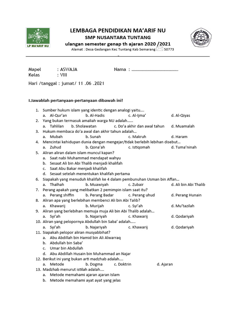 ASWAJA Kelas 8 Semester Genap 2021 | PDF