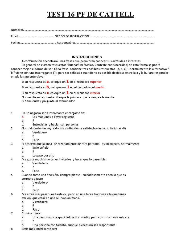 Cuadernillo TEST 16 PF DE CATTELL | PDF