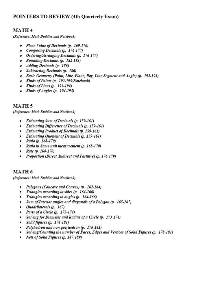 4th-POINTERS-TO-REVIEW-MATH-4-5-6 - 4THQ | PDF | Teaching Methods & Materials