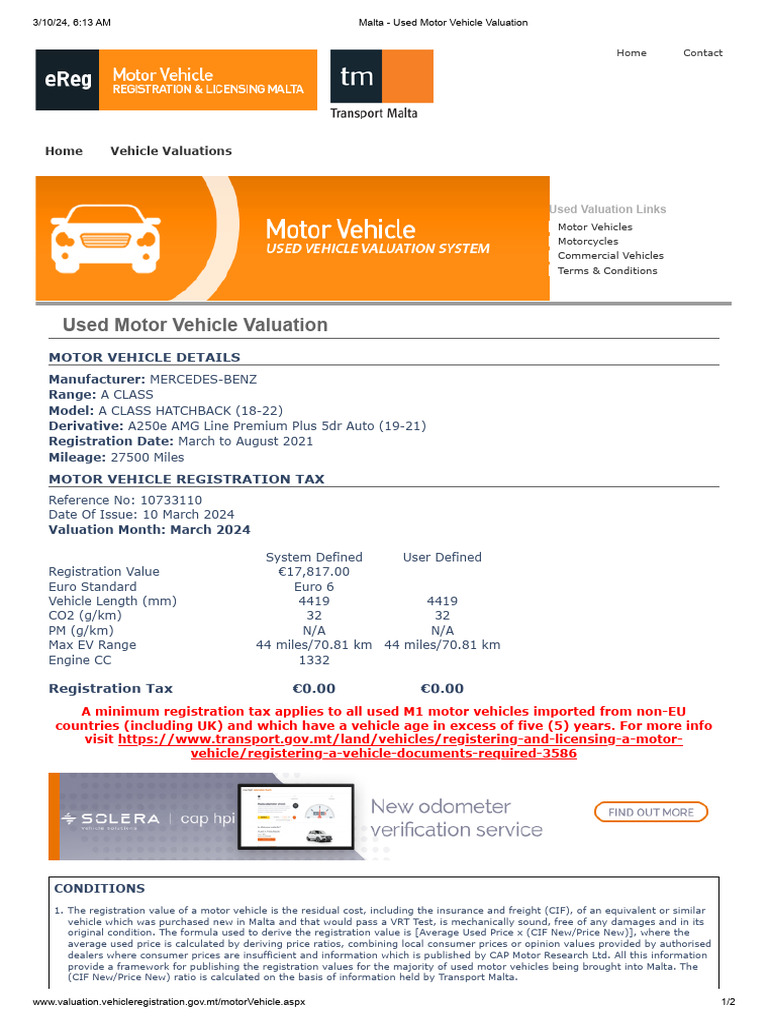 Malta - Used Motor Vehicle Valuation | PDF | Valuation (Finance) | Vehicles