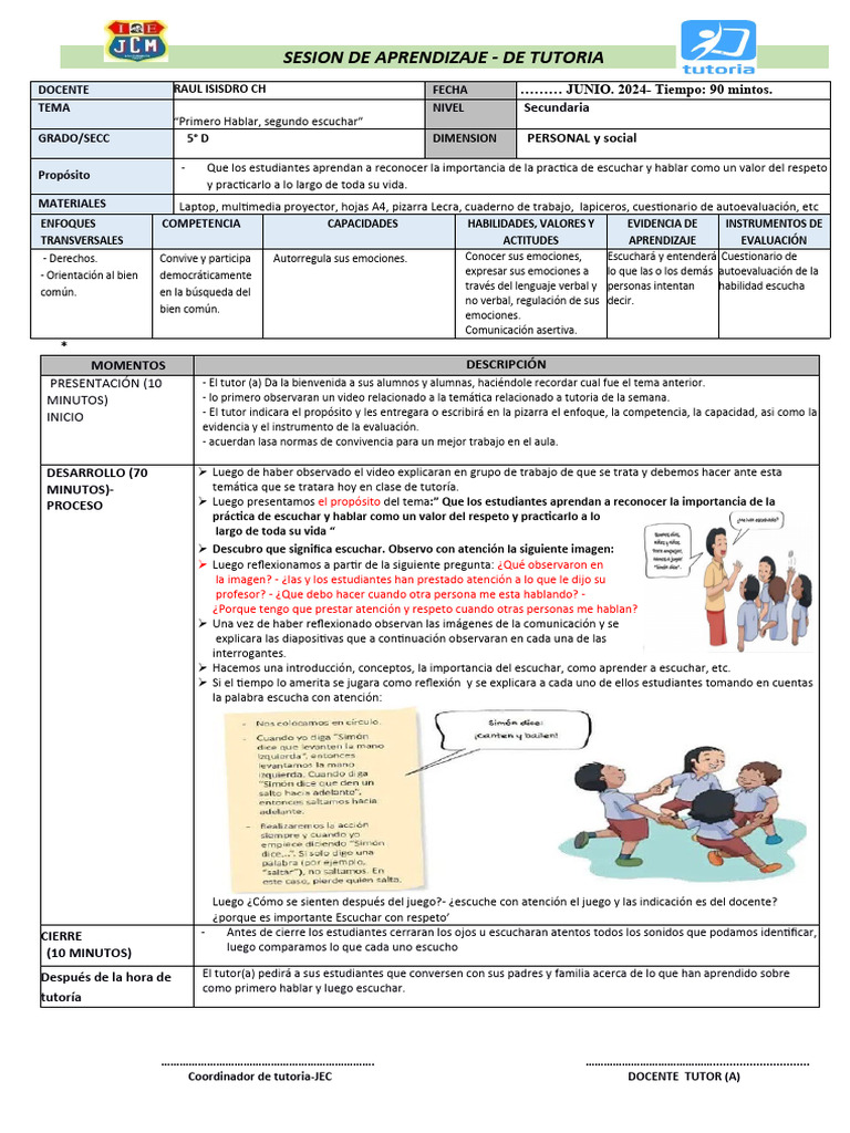 SESION DE APRENDIZAJE tutoria-PRIMERO HABLAR, SEGUNDO ESCUCHAR | PDF | Evaluación | Las emociones