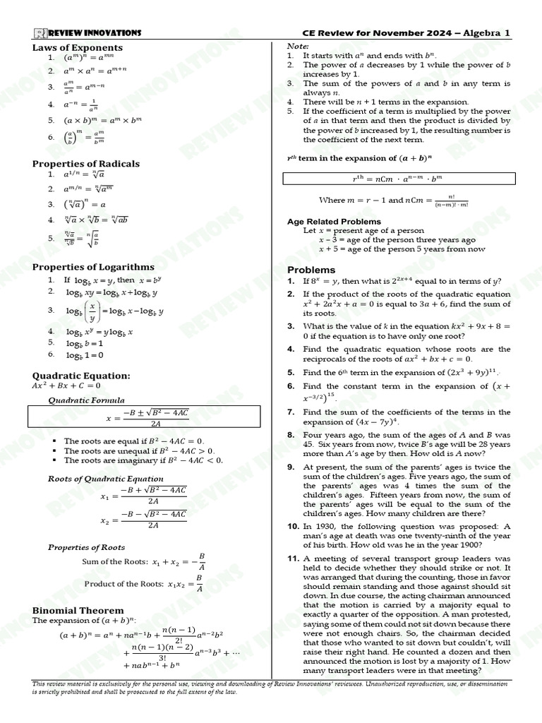 2024 November Algebra 1 OL | PDF | Quadratic Equation | Arithmetic