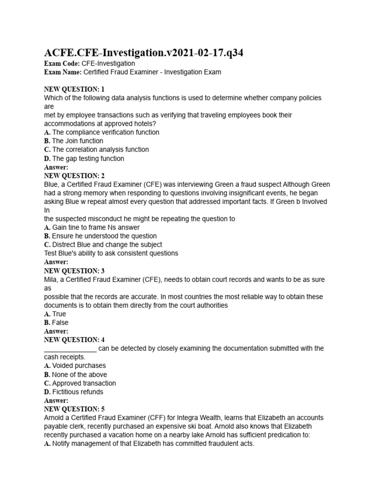 CFE Investigation Exam Questions and Answers | PDF | Machine Learning ...