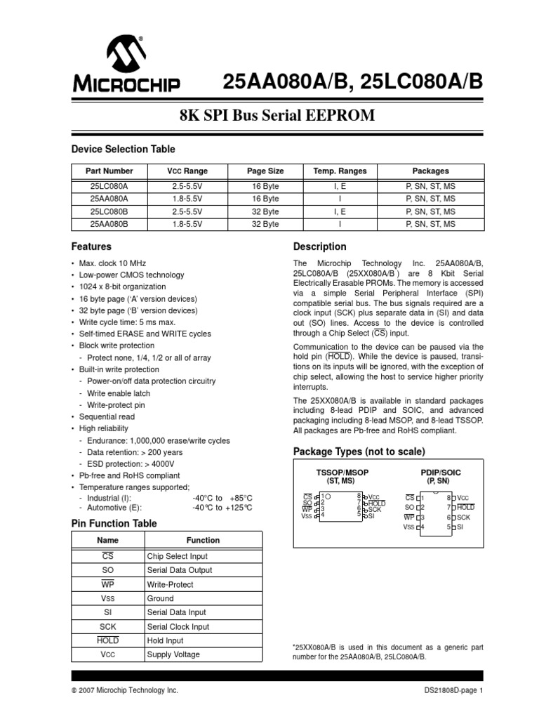 25AA080A/B, 25LC080A/B: 8K SPI Bus Serial EEPROM | PDF | Electrical Engineering | Computer ...