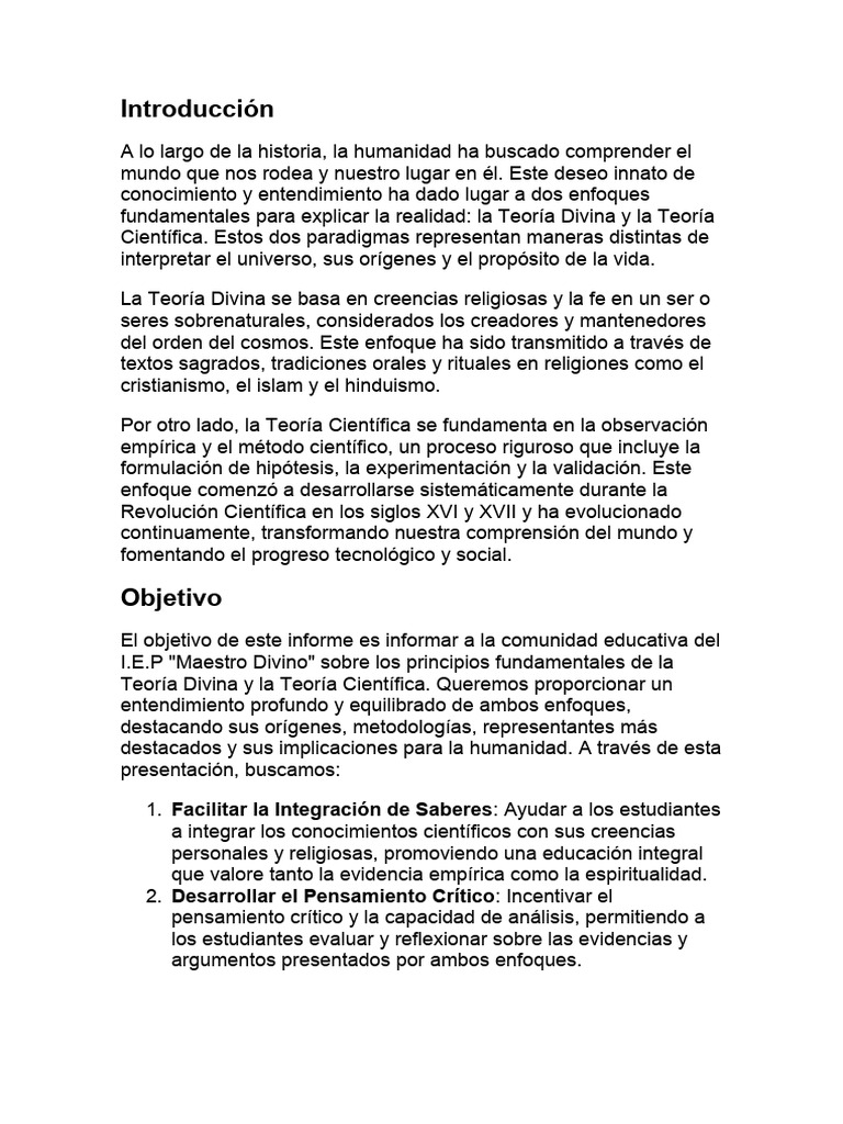 Informe Sobre La Teoría Divina y La Teoría Científica | PDF | Dios | Teoría