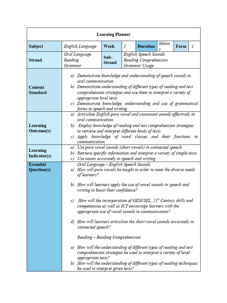 English Language Learning Planners WK1-24 | PDF | Reading Comprehension ...