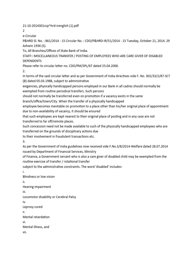 SBI Circular on Employee Transfers for Caregivers | PDF | Disability ...