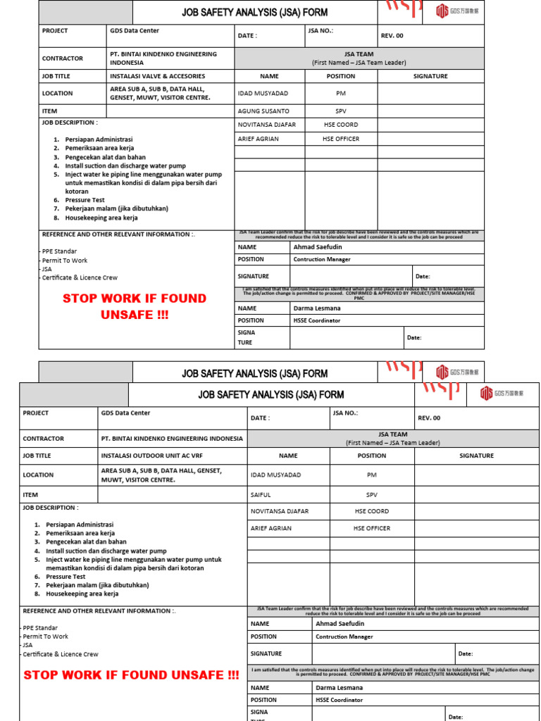 Template JSA (WSP-GDS) Coba | PDF | Pump | Occupational Safety And Health