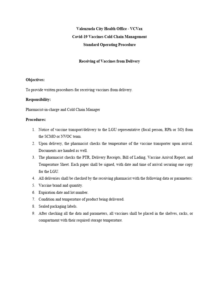 Standard Operating Procedure | PDF | Logistics | Refrigerator