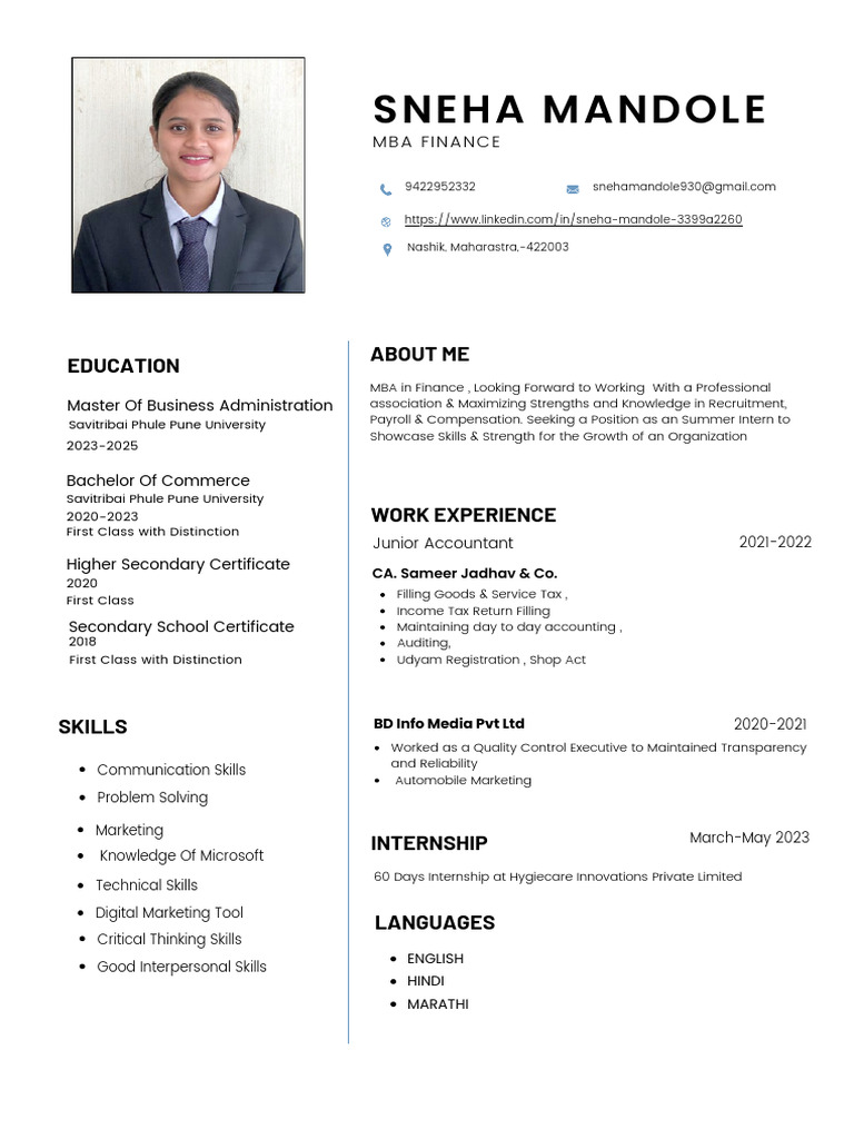 CV Sneha Mandole | Download Free PDF | Master Of Business Administration | Economies