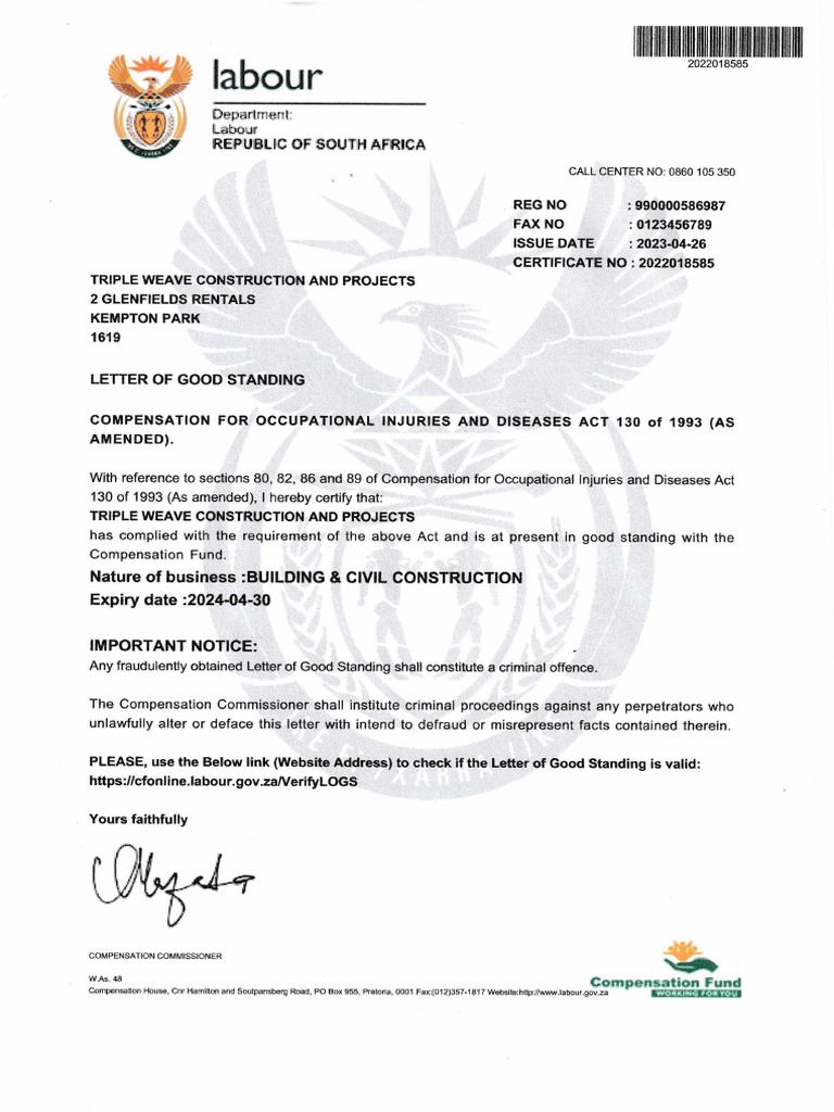 Letter of Good Standing & Insurance | Download Free PDF | Insurance ...