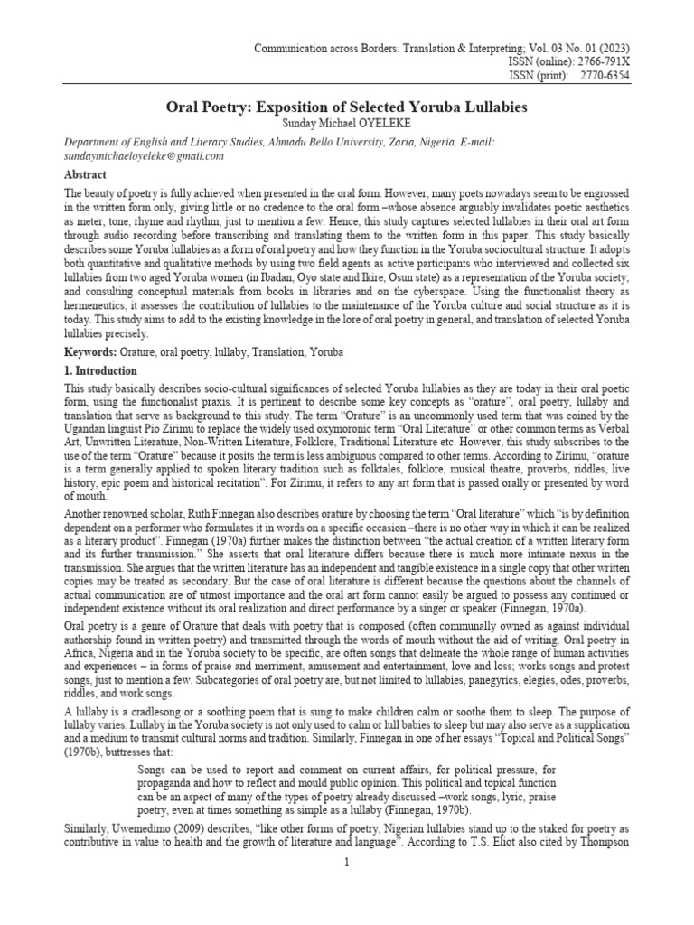Oral Poetry: Exposition of Selected Yoruba Lullabies | PDF | Oral ...
