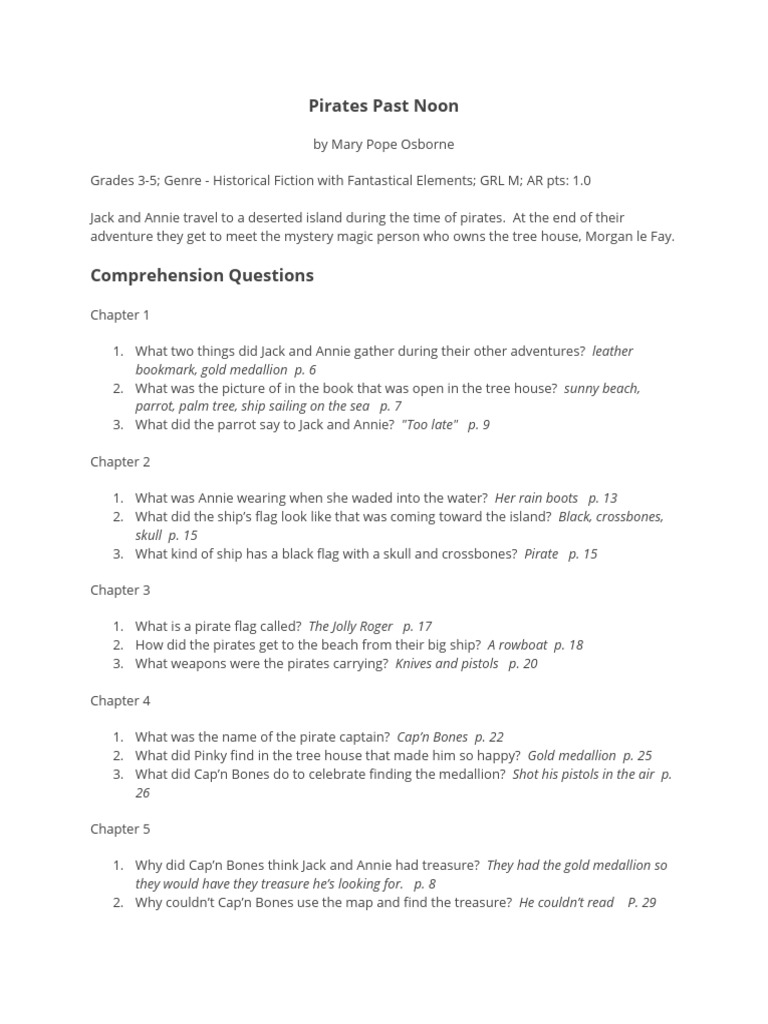 Pirates Past Noon - Comprehension Questions With Answer | PDF