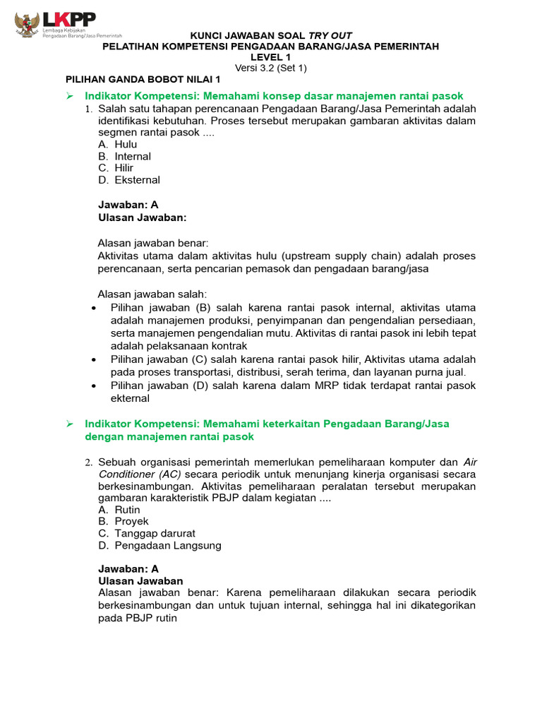 Kunci Jawaban Tryout Pelatihan Kompetensi PBJP Level 1 V.3.1.1 (Set 1) | PDF
