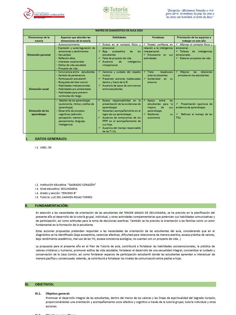 Esquema de Plan Tutorial de Aula 2024 | PDF | Las emociones | Salón de ...