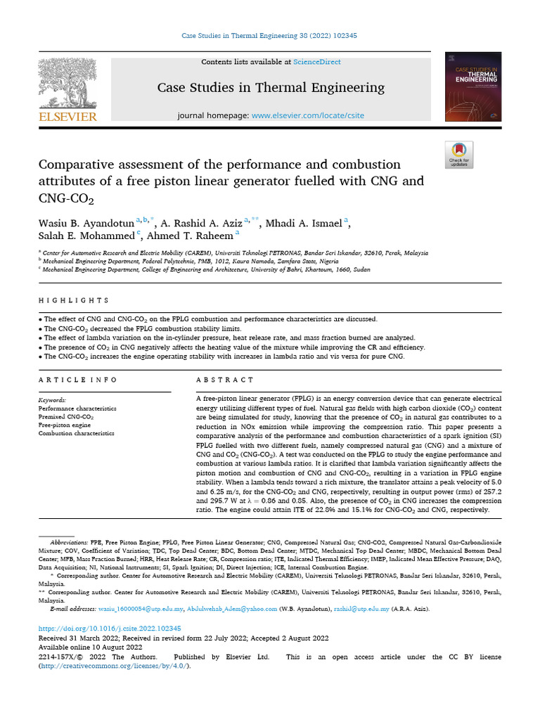 Comparative Assessment of The Performance and Combustion - 2022 - Case Studies I | PDF | Engines ...
