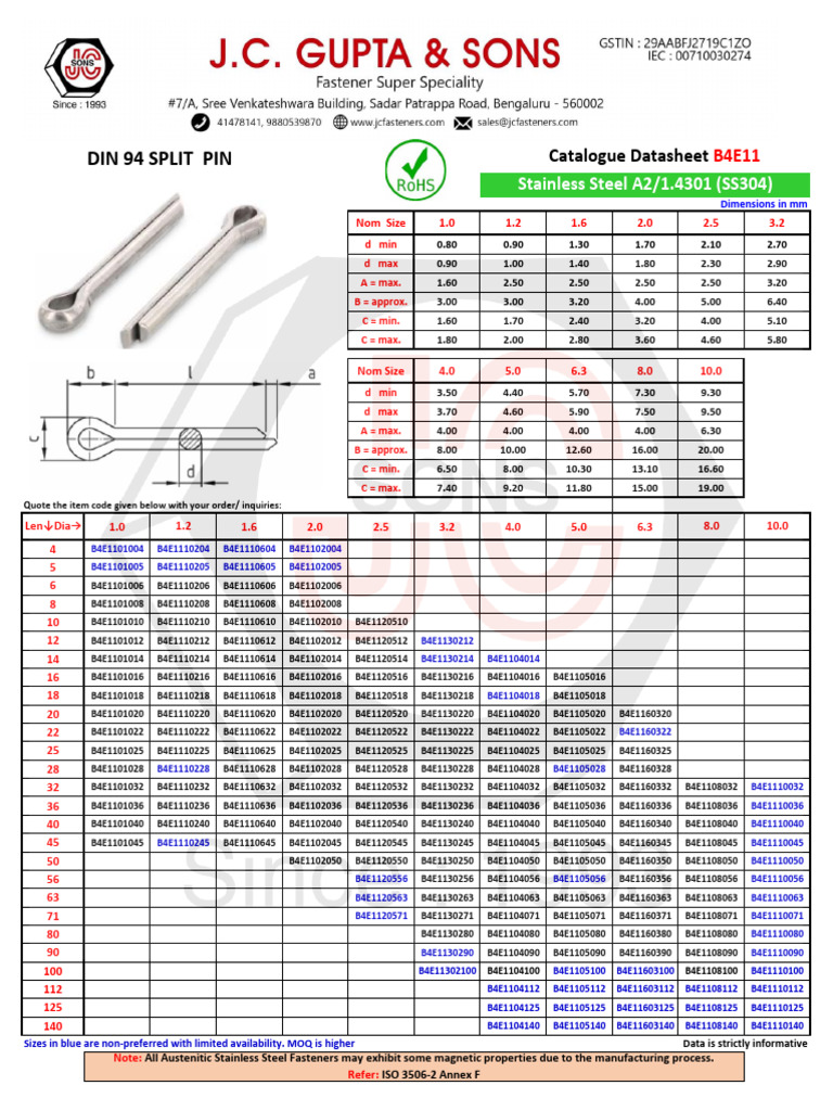 DIN 94 Split Pin B4E11 SS304 | PDF | Metals | Iron