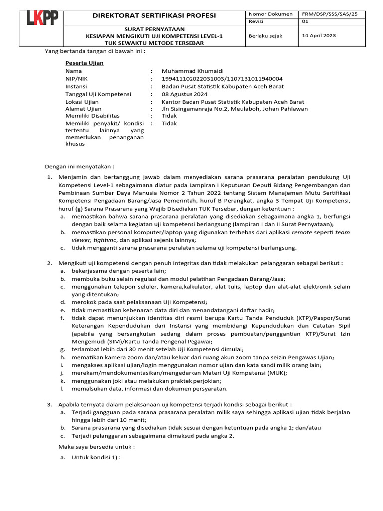 Surat Pernyataan Peserta - TUK Tersebar 2024 Level-1 | PDF