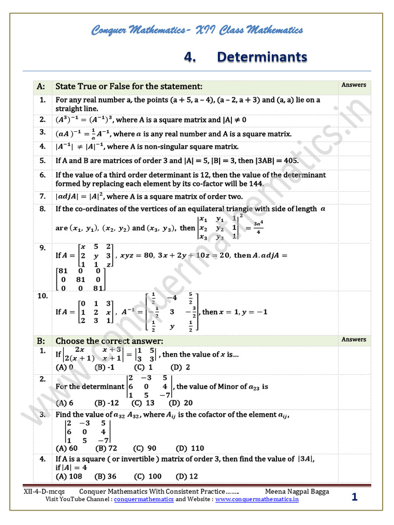 XII 4 Determinants MCQ | Download Free PDF | Matrix (Mathematics) | Functions And Mappings