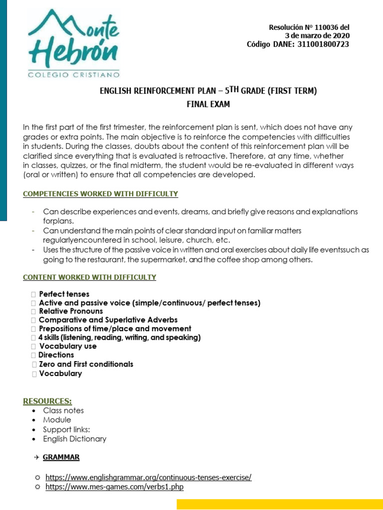 Reinforcement Plan 5TH Grade - First Term | PDF | Linguistics | Languages