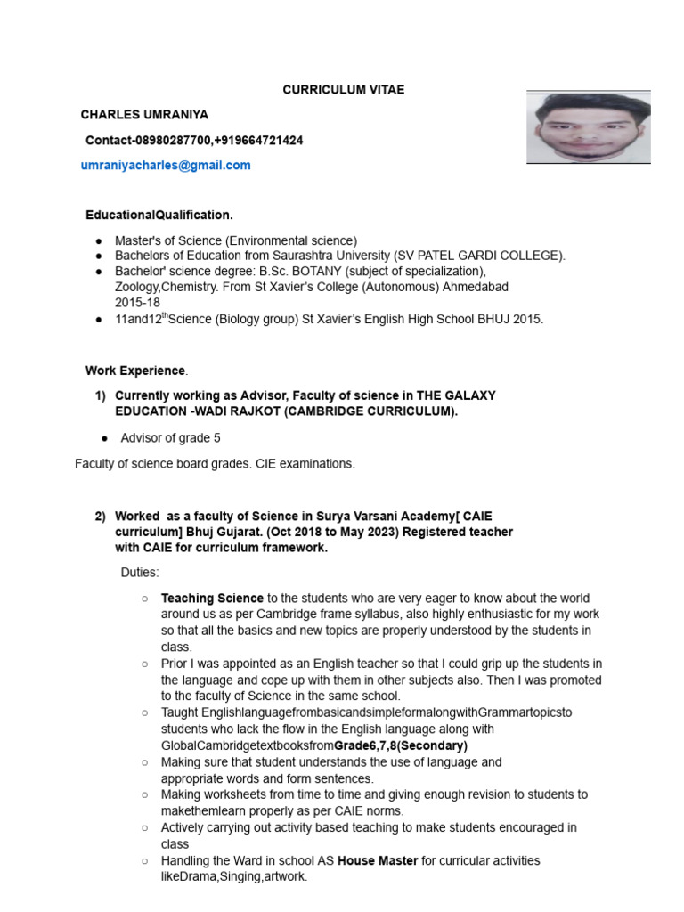 Charles RESUME | PDF | Teachers | Curriculum