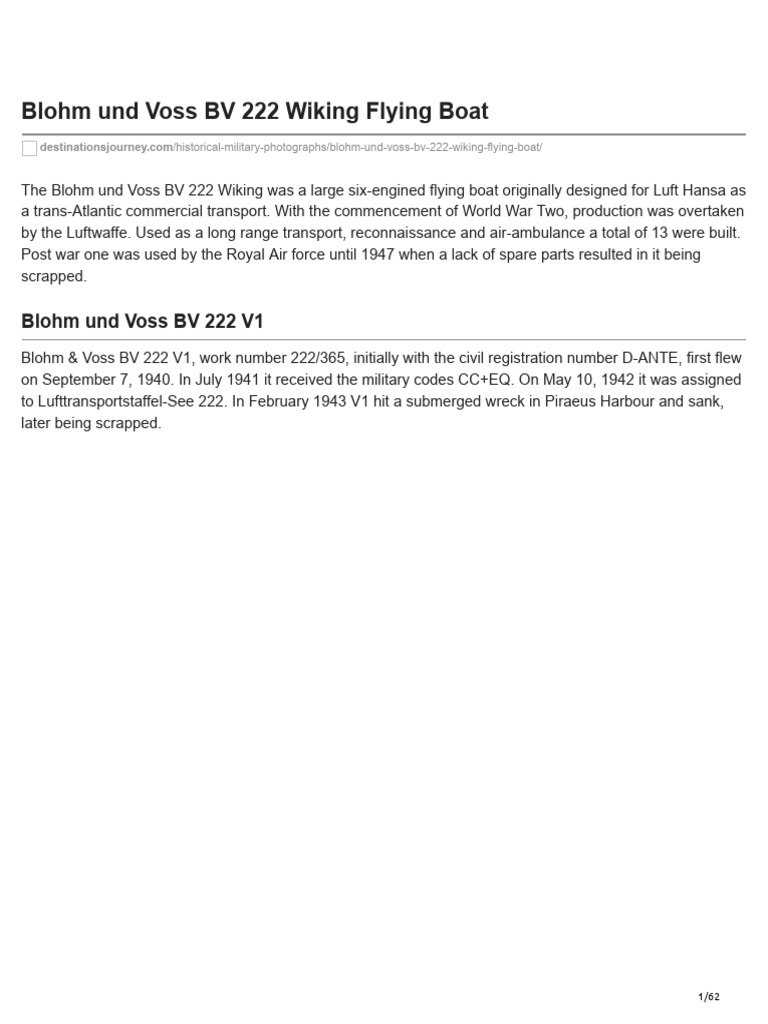 Blohm Und Voss BV 222 - Destinationsjourney - Com - Unk | PDF | Aircraft | Aircraft Configurations