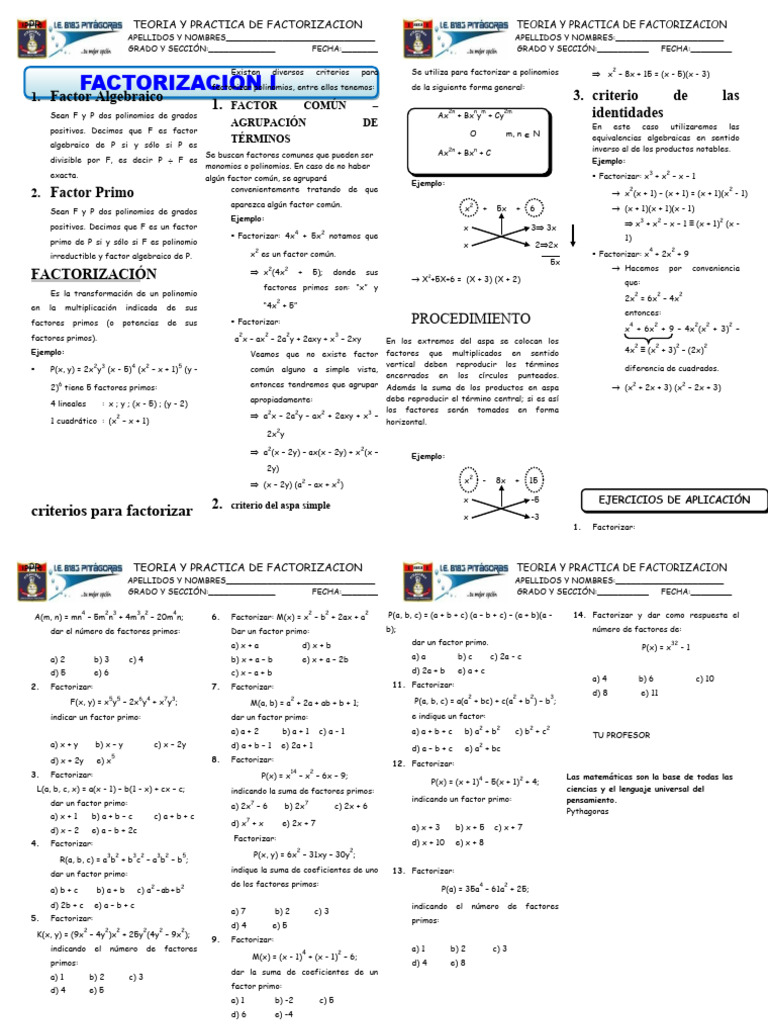 Practica de Factorizacion - I | Descargar gratis PDF | Factorización | Análisis matemático