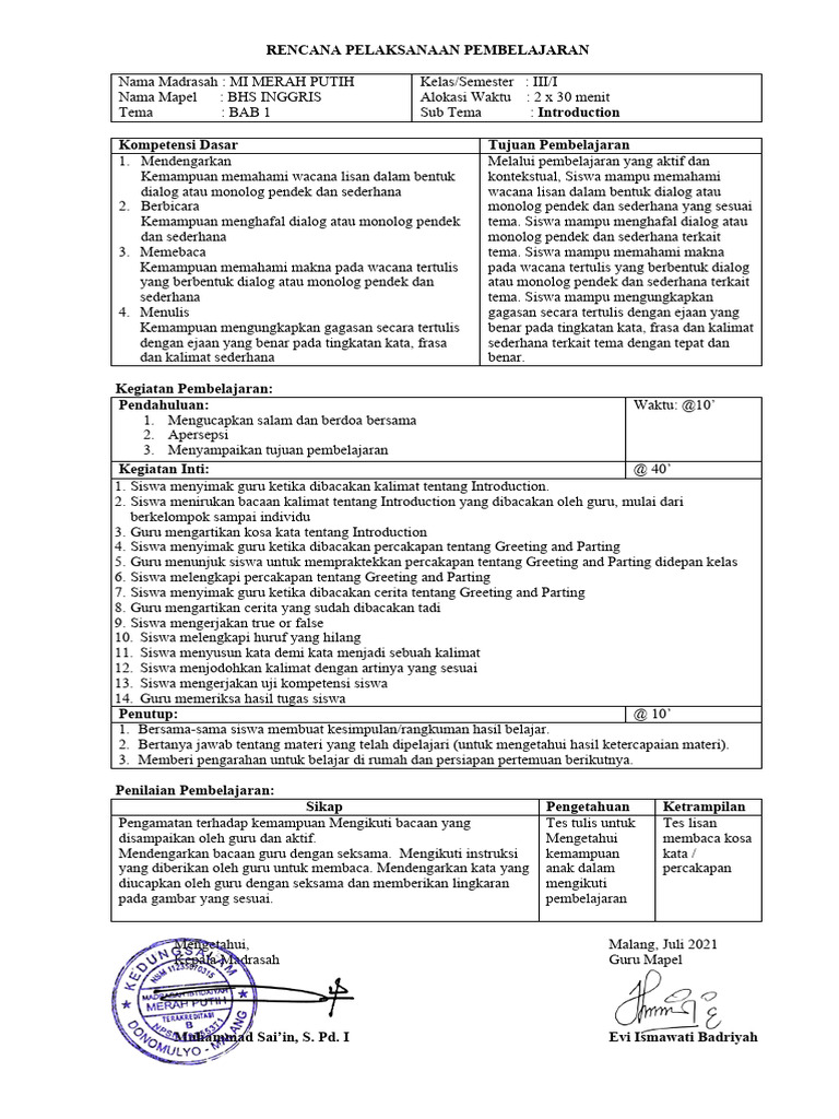 RPP BING 3 Lengkap (2021-2022) Done | PDF