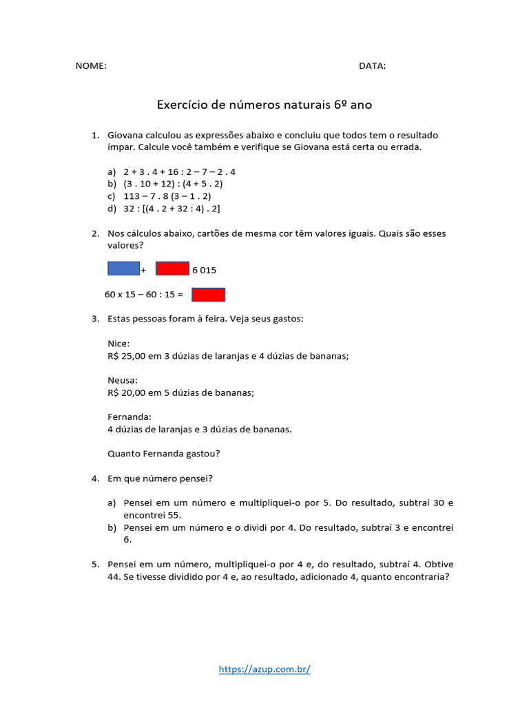 PDF Exercício de Expressões Numéricas 6º Ano | PDF