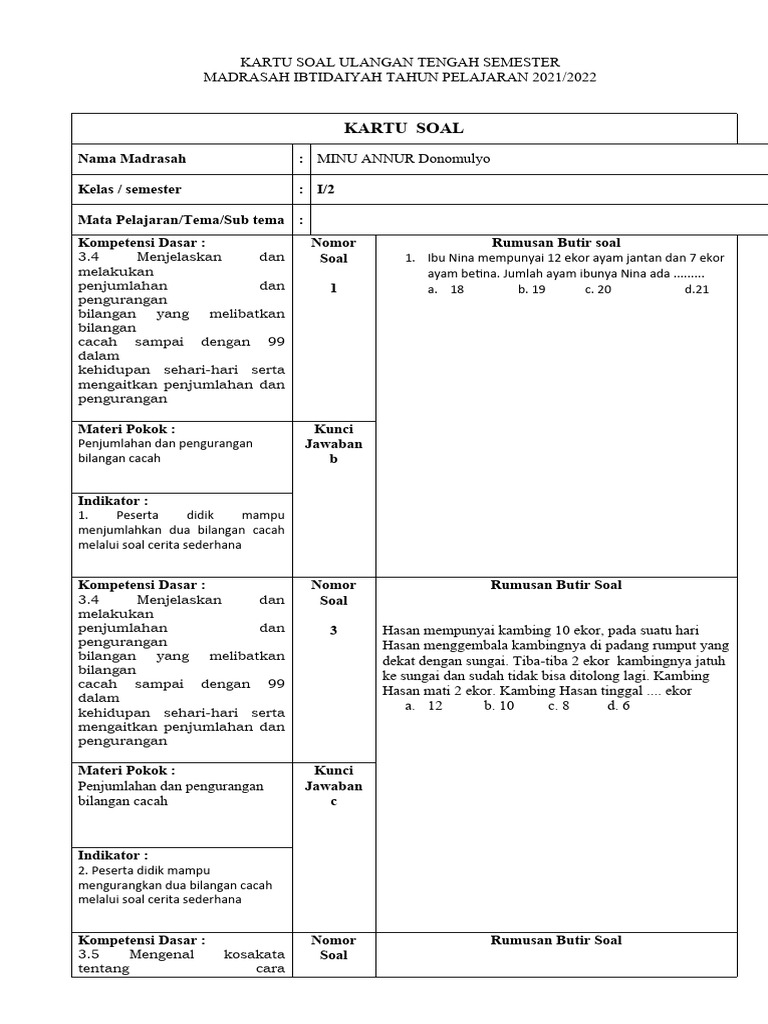 Contoh Kartu Soal | PDF