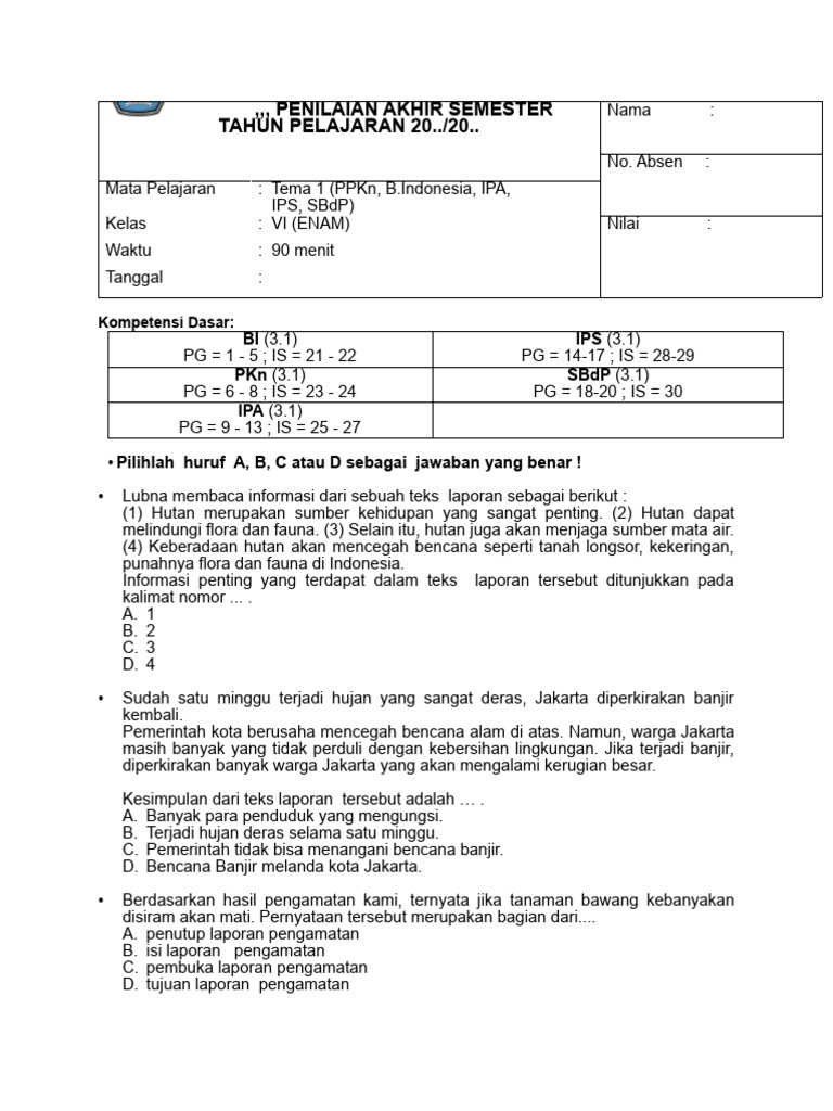 SOAL & JAWABAN PAS KELAS 6 TEMA 1 Ver. 2 - WWW - Kherysuryawan.id | PDF