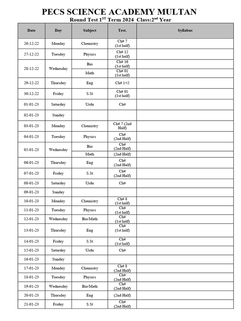 Test Schedule 2nd Year | PDF