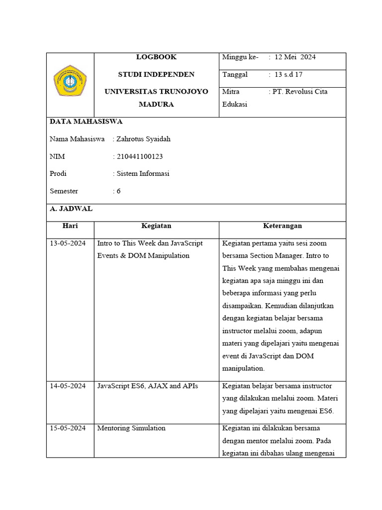 Logbook Minggu 12 - 062912 | PDF